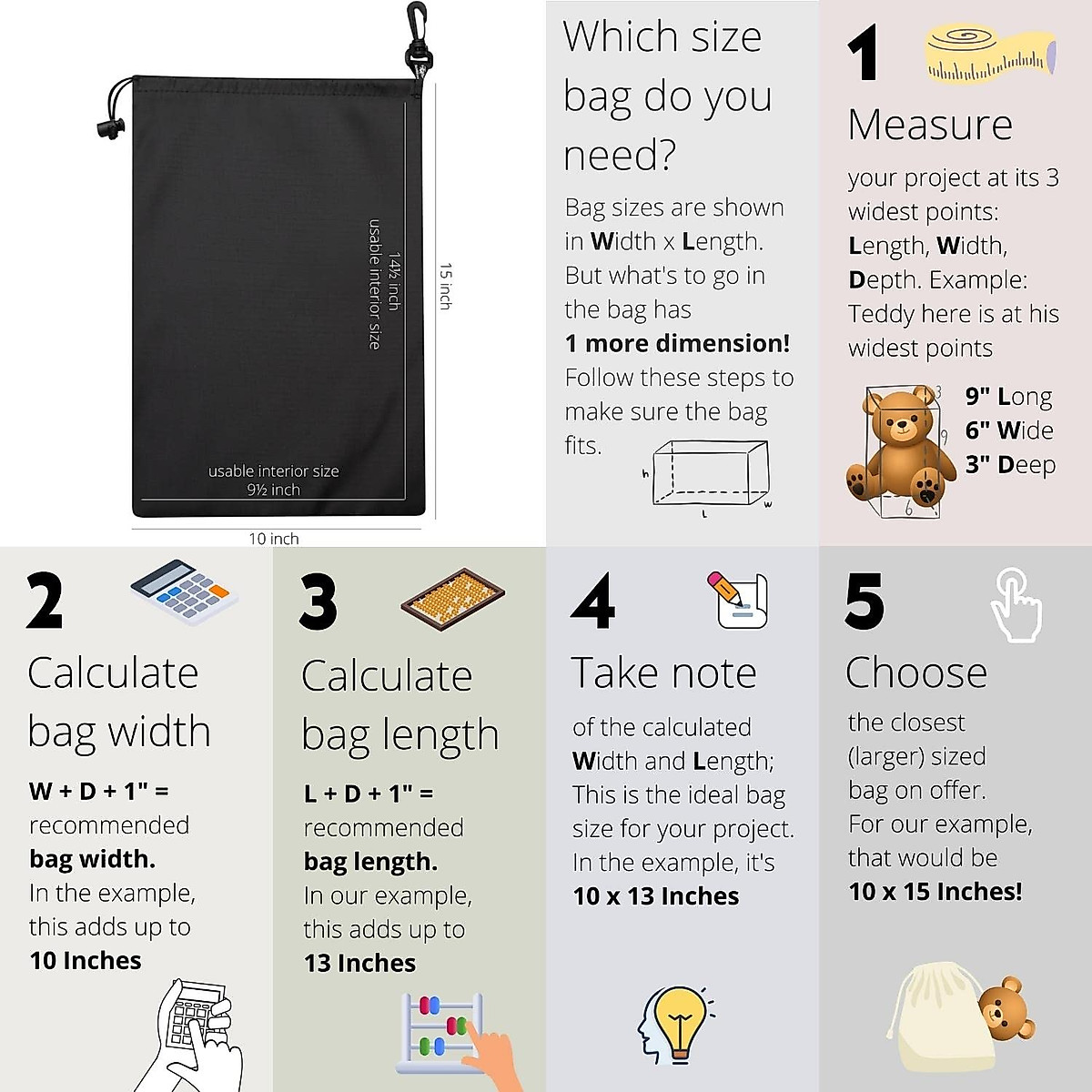 PALTERWEAR Drawstring Bag - Cinch and Ditty Pouch with Clip for Travel, Wardrobe, Outdoors - Set of 5 (Black, 10 x 15 inch)