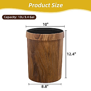 Wood Grain Plastic Trash Can Bedroom, Round 2-Pack, 3.4 Gal Farmhouse Wastebasket Bin Retro Style, Brown Trash Can for Room Aesthetic, Open Top Garbage Can for Office, Living Room, Hotel, Bathroom