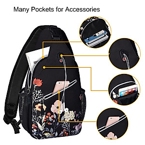 MOSISO Sling Backpack, Multipurpose Travel Hiking Daypack Garden Flowers Rope Crossbody Shoulder Bag, Black