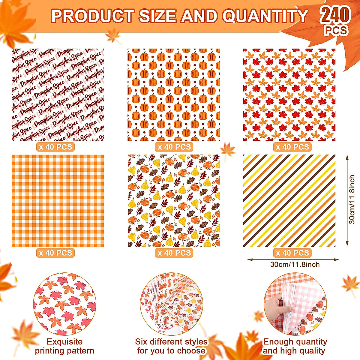 240Pcs Wax Paper Dry Waxed Deli Paper Sheet 12x12 inch Sandwich Wrap Paper Pumpkin Maple Leaf Checkered Decorative Parchment Paper Food Basket Liners for Home Kitchen Picnic Party