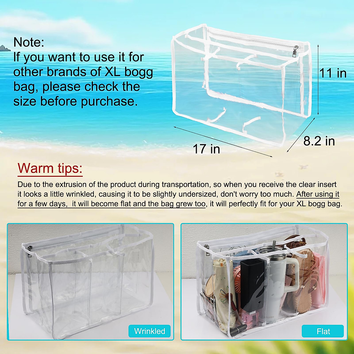 Yesongreat Waterproof Clear Bag Insert for Bogg Bag X Large, Beach Storage Bag Organizer Accessories Suitable for Bogg Bag, Organizing Your Bog Tote Bag and Divide Space (White)