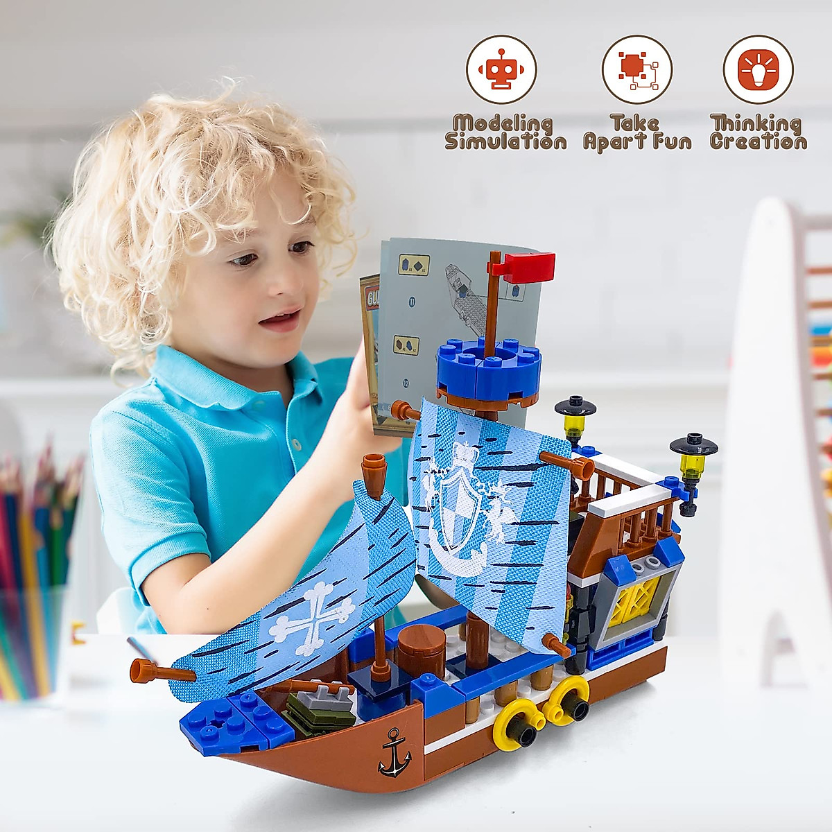 amireed Pirate Ship Toy, Pirate Ship Toys for Boys with 3 Minifigures, Treasure Island Toys, 235pcs Pirate Ship Toys for Kids Ages 6+ Indoor Birthday Party