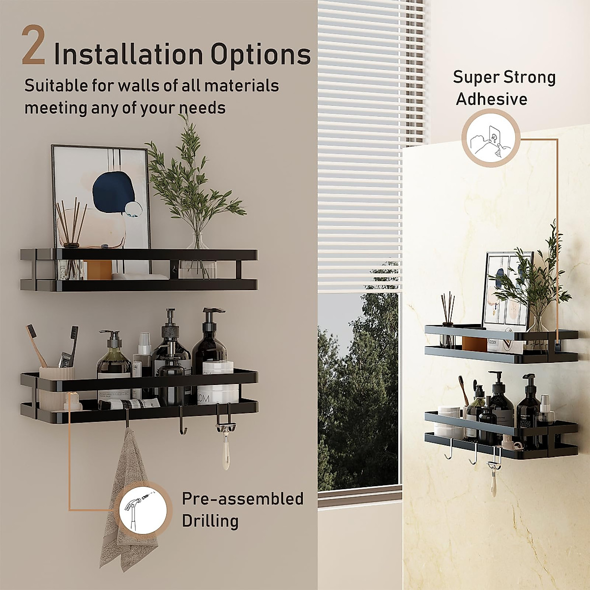 WXCGX Shower Caddy 2 Pack - Shower Organizer for Extra-Large Bathroom Storage with 4 Removable Hooks - Rustproof Bathroom Shower Shelves - Adhesive Or Drilling Wall Shower Shelf for Inside Shower