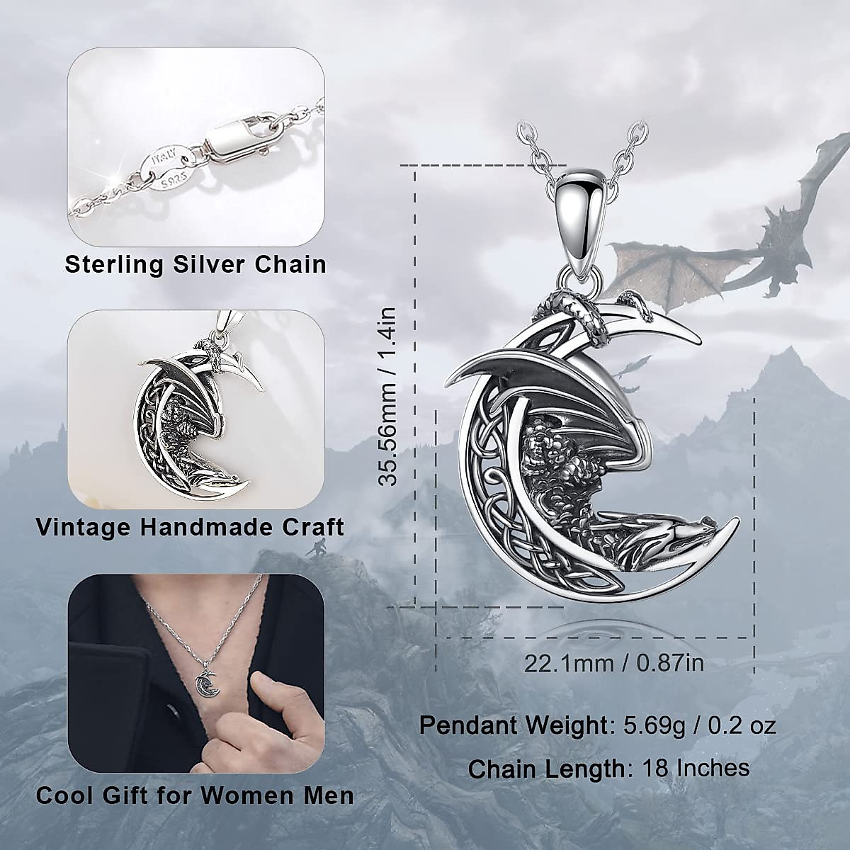 Vito Sterling Silver Celtic Moon Dragon Necklace for Women Men, Vintage Aesthetic Crescent Pendant Jewelry Gift for Husband, 18 inch Chain