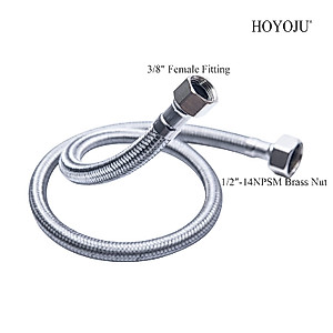 Braided Faucet Connector Supply Hose 1/2"-14NPSM Brass Nut X 3/8 Female Fitting Stainless Steel Lead-Free 24-Inch Long x 2 Pack