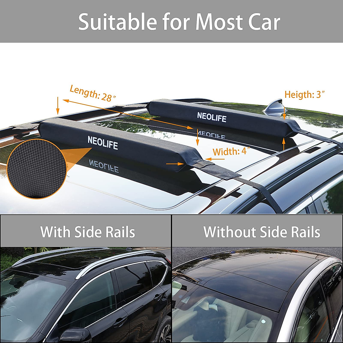 WONITAGO Soft Roof Rack Pads with Single Wrap-Rax Straps and Storage Bag, Universal Car Roof Rack for Surfboard, Kayak, SUP Paddleboard, Canoe, 28" (Pair)