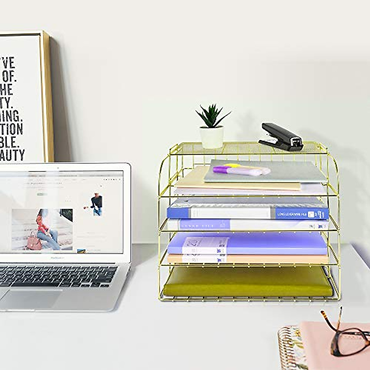 Spacrea Letter Tray, 4 Tier Desk Organizers and Accessories, Stackable Paper Tray Organizer Desk File Organizer with 1 Upper Display Shelf for School Home Office Supplies (Gold)