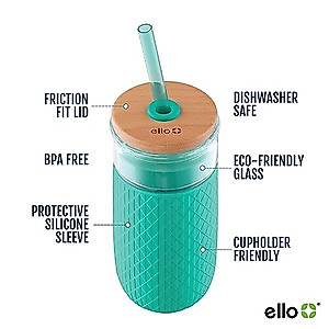 Ello Devon Glass Tumbler , Protective No Sweat Silicone Sleeve and Splash Proof Wooden Detail Lid with Straw, 18 oz
