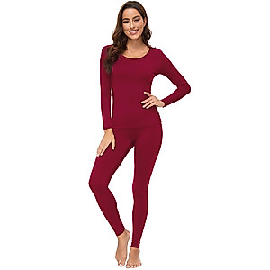WiWi Soft Viscose from Bamboo Underwear for Women Thermal Long Johns Sets Super Warm Base Layer Top Pants Pajamas Set S-3X, Wine Red, Medium