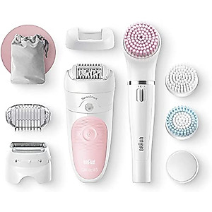 Braun Silk-épil Wet & Dry 5 5-895 Beauty Set, Women Epilator for Hair Removal, Attachments Made for Shaving, Peeling & Facial and Body Cleansing - White / Flamingo