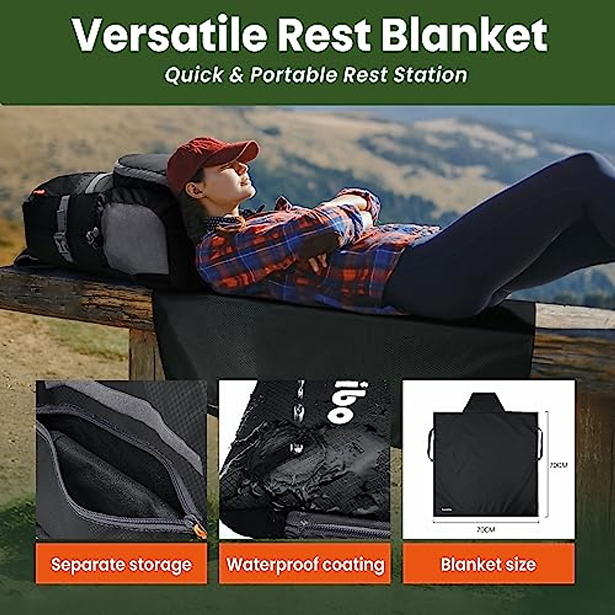 Yeendibo 33L Waterproof Hiking Backpack with Portable-Rest Station for Camping/Travel/Outdoors, Versatile & Lightweight Foldable Daypack for Men/Women (Black, Waterproof)