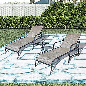 LOKATSE HOME 3 Pieces Outdoor Chaise Lounge Set Patio Pool Chairs Adjustable Back Steel Teslin with Coffee Table, Grey
