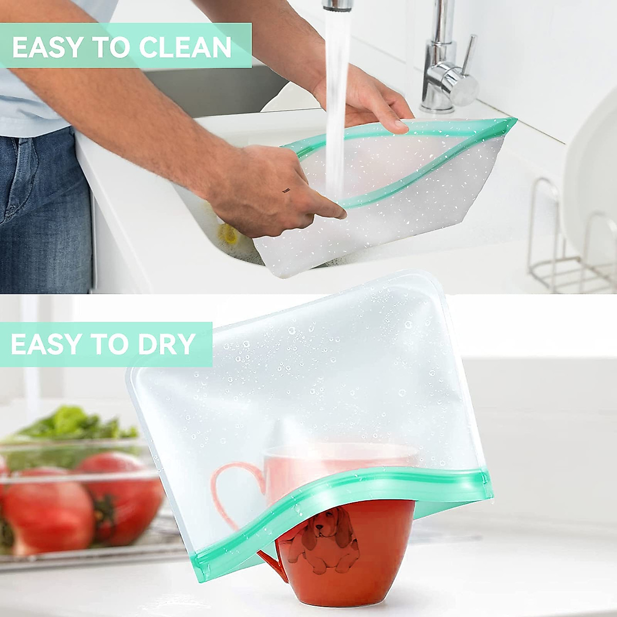 Reusable Food Storage Bags, 16 Pack BPA Free Food Grade Reusable Freezer Bags, Reusable Gallon Bags, Reusable Sandwich Bags, Silicone Food Bags Leakproof Resealable for Meat Fruit Veggies Snacks