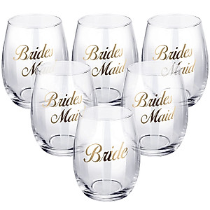Nuogo 6 Pieces Bridesmaid Wine Glass Bridesmaid and Bride Durable Stemless Wine Glasses Gold Engagement Wedding Wine Glass for Bridesmaids Bachelorette Party Supplies