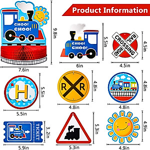 Train Birthday Themed Party Decorations Set, Happy Banner Train, Train Centerpiece, with 6 Pieces Train Hanging Swirl Decoration for Train Honeycomb Birthday Baby Shower Party Supplies
