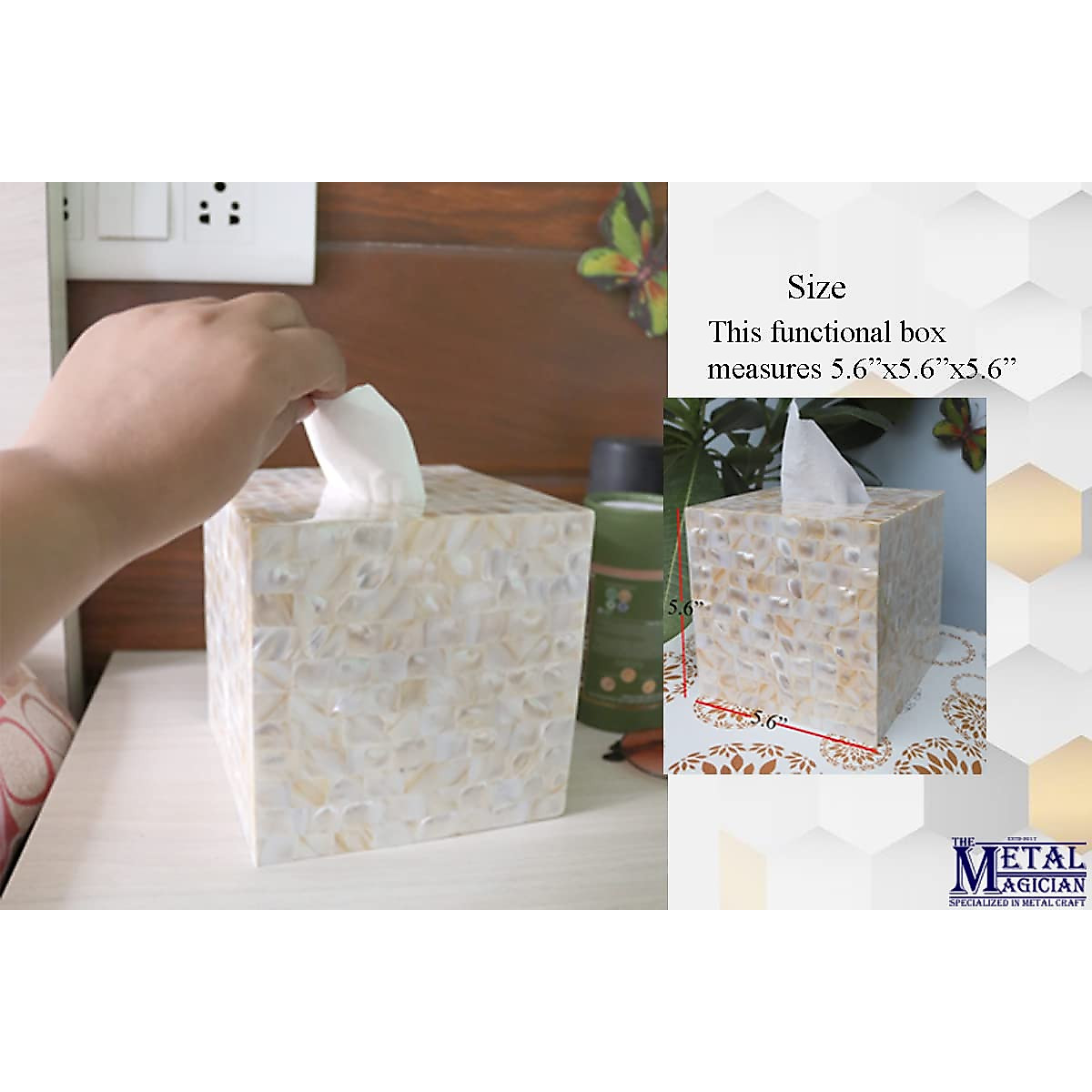 Square Tissue Holder – Decorative Tissue Box Cover is Finished in Beautiful Mother of Pearl by The Metal Magician