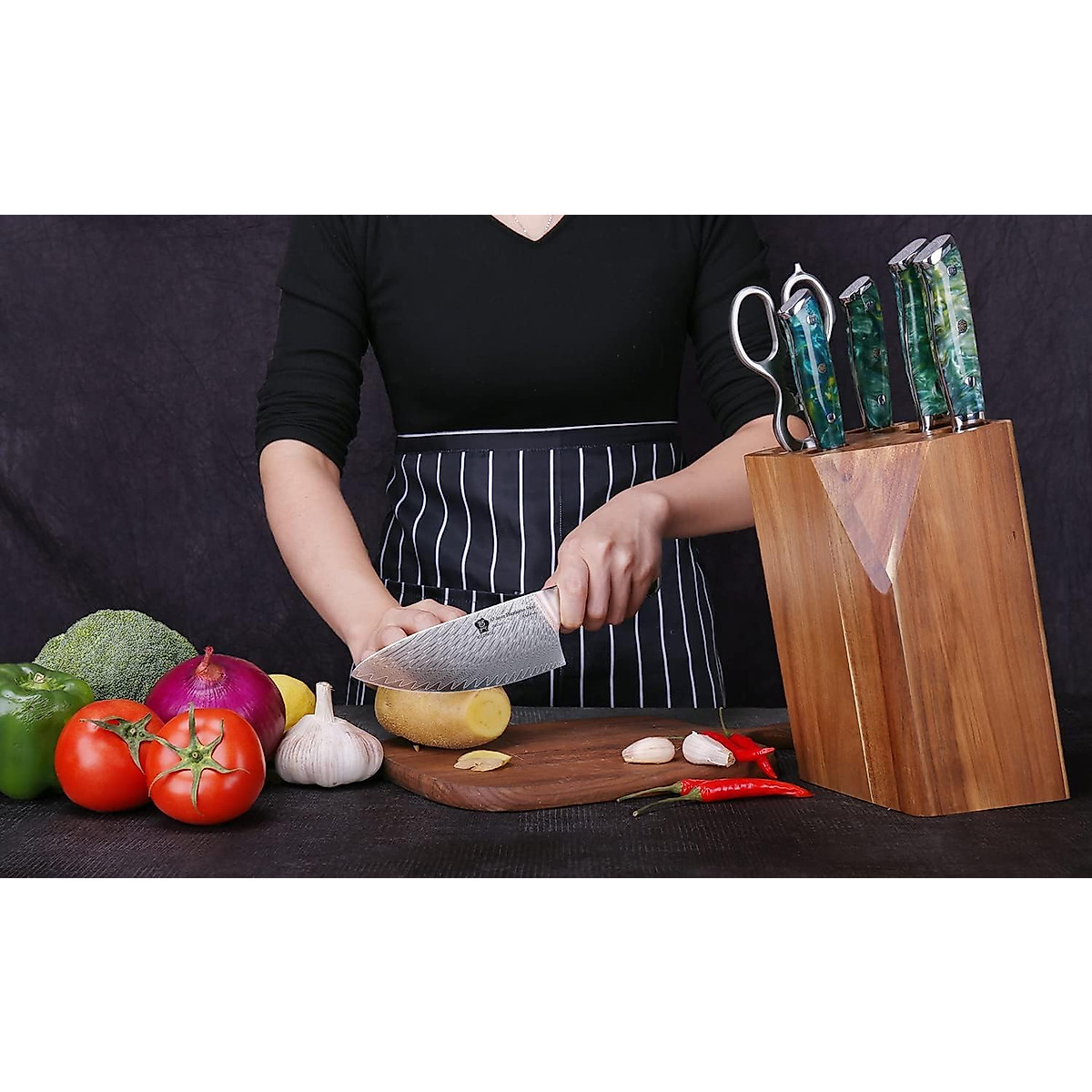 WILDMOK Damascus Kitchen Knife with Block 7pcs Premium Kitchen Knives Set with Resin Handle Professional Ultra Sharp Chef Knives Set with Gift Box