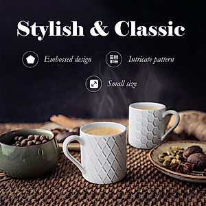 American Atelier Ceramic Mini Espresso Cups Set of 4, 3oz - Stackable Tiny Mugs for Small Shots of Coffee with Metal Stand - Use Demitasse Espresso Mug Racks for Any Kitchen or Café (Embossed)