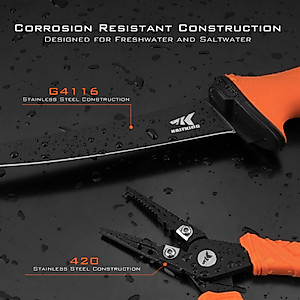 KastKing 7-inch Fishing Pliers and Filet Knife with Molded Sheath, 420 Stainless Steel Fishing Pliers, G4116 Corrosion Resistant Fillet Knife, 7'' Split Ring Plier and 7'' Fillet Knife, Orange