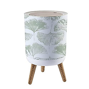 Small Trash Can with Lid Sage green ginkgo biloba leaves pale botanical seamless Floral Natural Waste Bin with Wood Legs Press Cover Wastebasket Round Garbage Bin for Kitchen Bathroom Bedroom Office