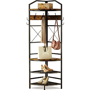 LTTROMAT 4-Tier Corner Hall Tree with Shoe Bench, Entryway Coat Rack with Storage, Industrial Corner Clothes Rack with 6 Metal Hooks and Wooden Storage Shelves