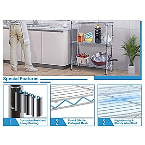3-Tier Metal Shelving Adjustable Height 450Lb Capacity Small Wire Shelving Unit Solid Steel Storage Shelves Commercial Storage Rack for Kitchen Office Pantry Laundry (Chrome, 24"Lx14"Wx30"H)