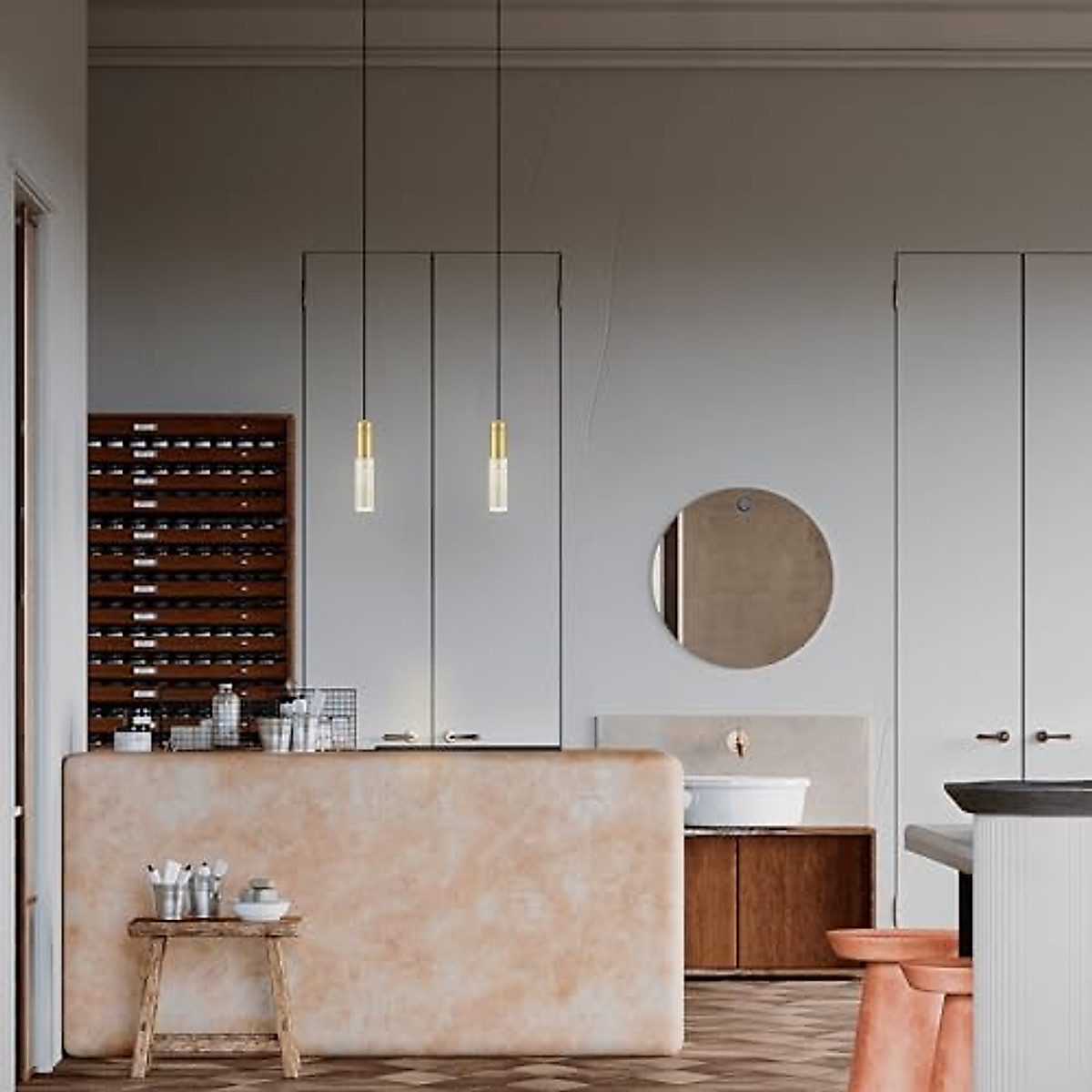 Pendant Lights Kitchen Island, Ceiling Hanging LED Vanity Light Fixtures with 3000K, Modern Crystal Cylindrical Shape Pendant Modern Kitchen Island Lighting for Dining Room, Bar- 2 Pack (Gold)