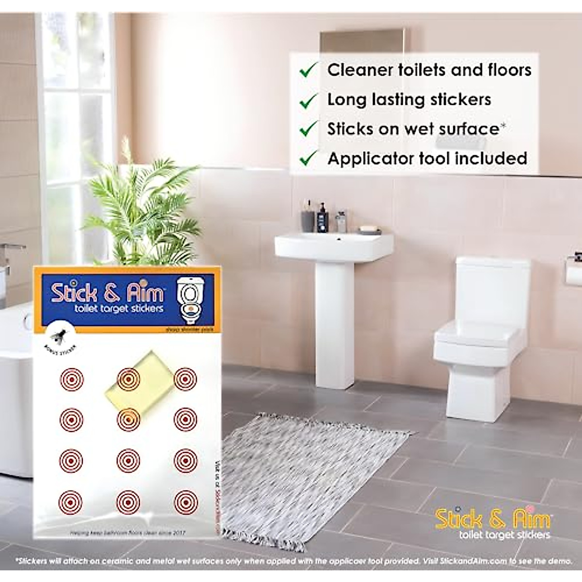 Bullseye Toilet Target Stickers Bulk Pack for Toilets and Urinals (13 Targets) with Sticker Applicator Tool - Sticks on Wet Surface - Toilet Targets for Toilet Training Boys - Aiming Targets for Men - Pee Targets for Boys