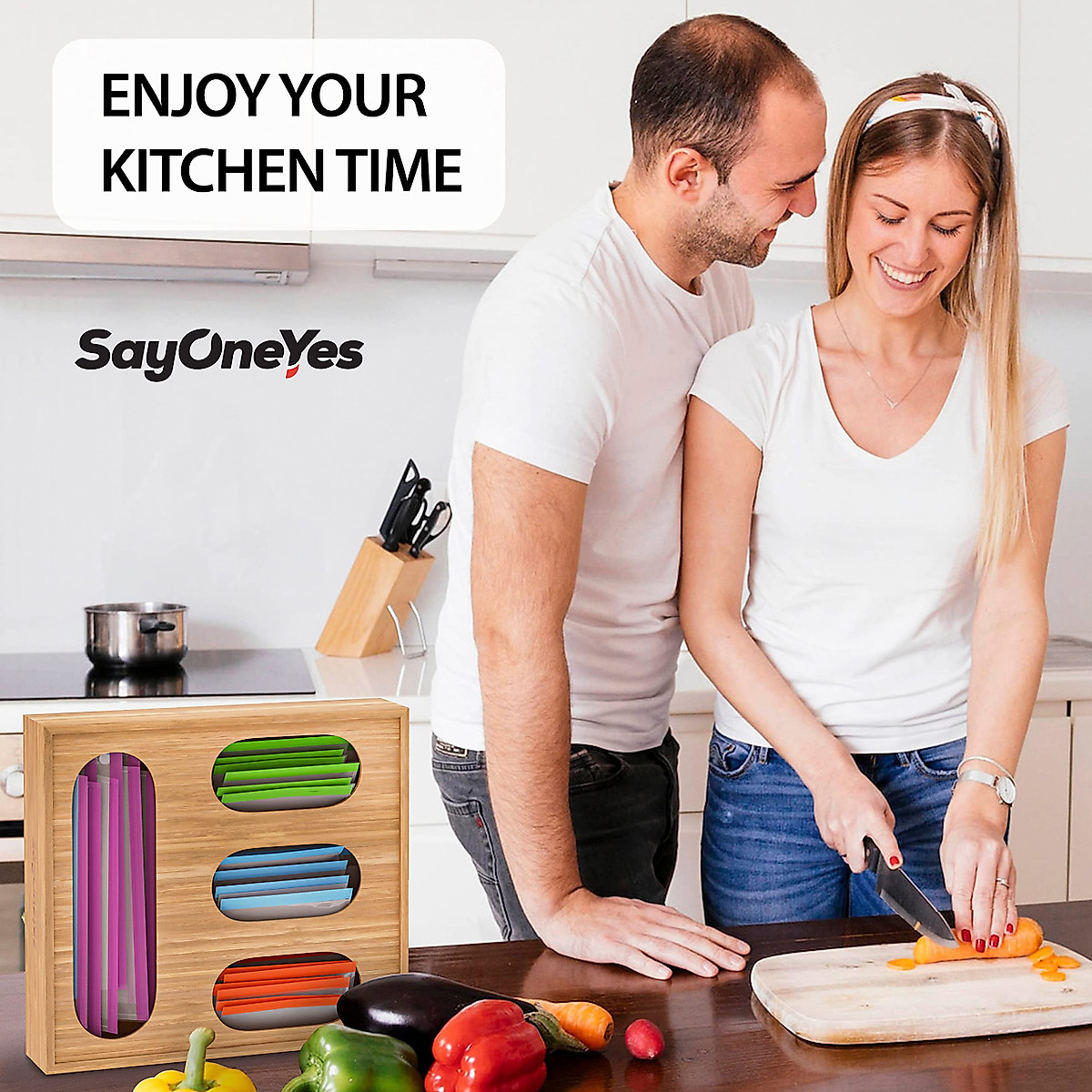 Sayoneyes Ziplock Bag Organizer for Drawer - Premium Bamboo Plastic Bag Storage Organizer for Kitchen – Compatible with Ziploc, Glad, Hefty, Solimo for Gallon, Quart, Sandwich & Variety Size Bags