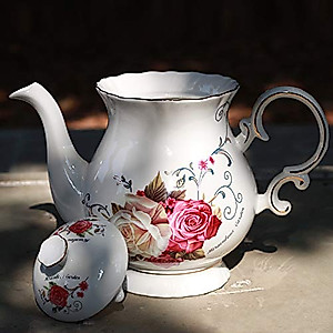 Jomop European Style Ceramic Flower Teapot Coffee Pot Water Pot Porcelain Gift Large 5.5 Cups (1, Rose)