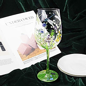 NymphFable Hand Painted Wine Glass Colorful Dragonfly Flower Artisan Painted 15 oz Glass Novelty Gift for Birthdays,Weddings,Valentine's Day