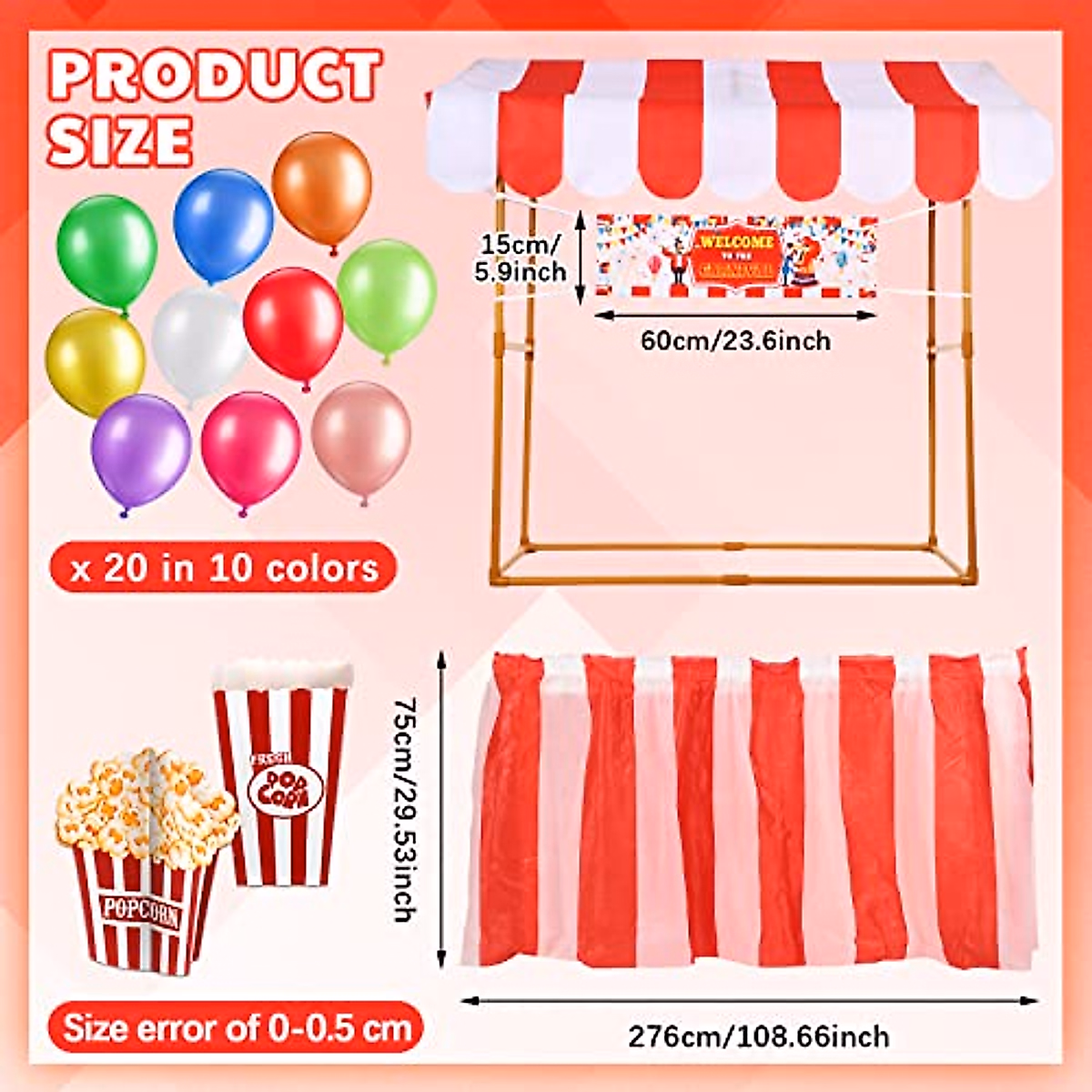 Jutom 45 Pcs Carnival Tabletop Decorating Kit Carnival Circus Concession Stand Decor Red White Striped Table Skirt Welcome to The Carnival Banner Popcorn Boxes Balloon for Carnival Party Decor