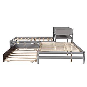 MOEO L-Shaped Full Size Platform Bed with Trundle and Drawers Linked w/ Built-in Desk for Kids, Bedroom, Teens, Adults, No Box Spring Needed, 3 Wood Bedframe in 1, Gray