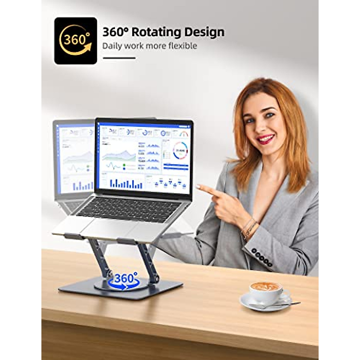 Adjustable Laptop Stand for Desk, Portable Laptop Stand with 360° Rotating Base, Ergonomic Foldable Aluminum Universal Computer Stand Compatible with Dell, HP and 10''-16'' Devices