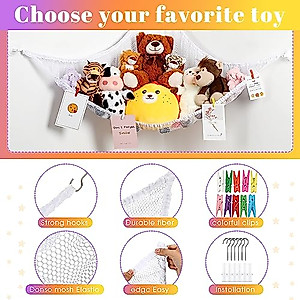 Berlune 2 Set Stuffed Animal Net or Hammock with LED Light, Stuffed Animal Storage Stuffed Animal Hammock Corner Toy Hammock Stuffed Animal Organizer with Clips Hooks for Bedroom Nursery Decor