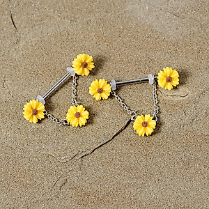 Body Candy 14G Womens Nipplerings Piercing Steel 2Pc Summer Yellow Sunflowers Dangle Nipple Ring Set 5/8"