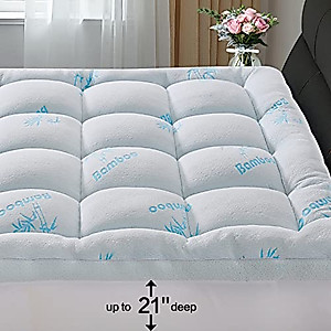 KELTARO Extra Thick Bamboo Mattress Topper Queen Size Bed,Cooling Mattress Pad Cover Plush Soft Noiseless Down Alternative Fill,with 8-21" Deep Pocket