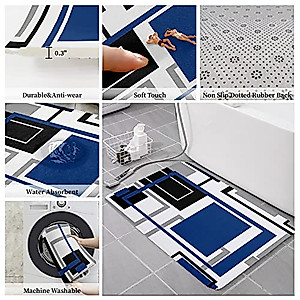 Kitchen Rugs and Mats Set -1 Pcs Non-Slip Cushioned Carpet Front of Sink Modern Abstract Geometric Washable Floor Doormat Area Runner Royal Blue Black Grey Color Blocks Absorbent Bathroom Rugs