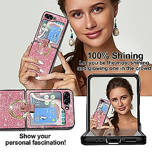 Z Flip 5 Case with Ring, Cute Glitter Bling Slim Leather Galaxy Z Flip 5 Phone Case for Women Girls, Sparkly Rhinestone Diamond Ring Holder Protective Case for Samsung Galaxy Z Flip 5 5G 2023 (Black)