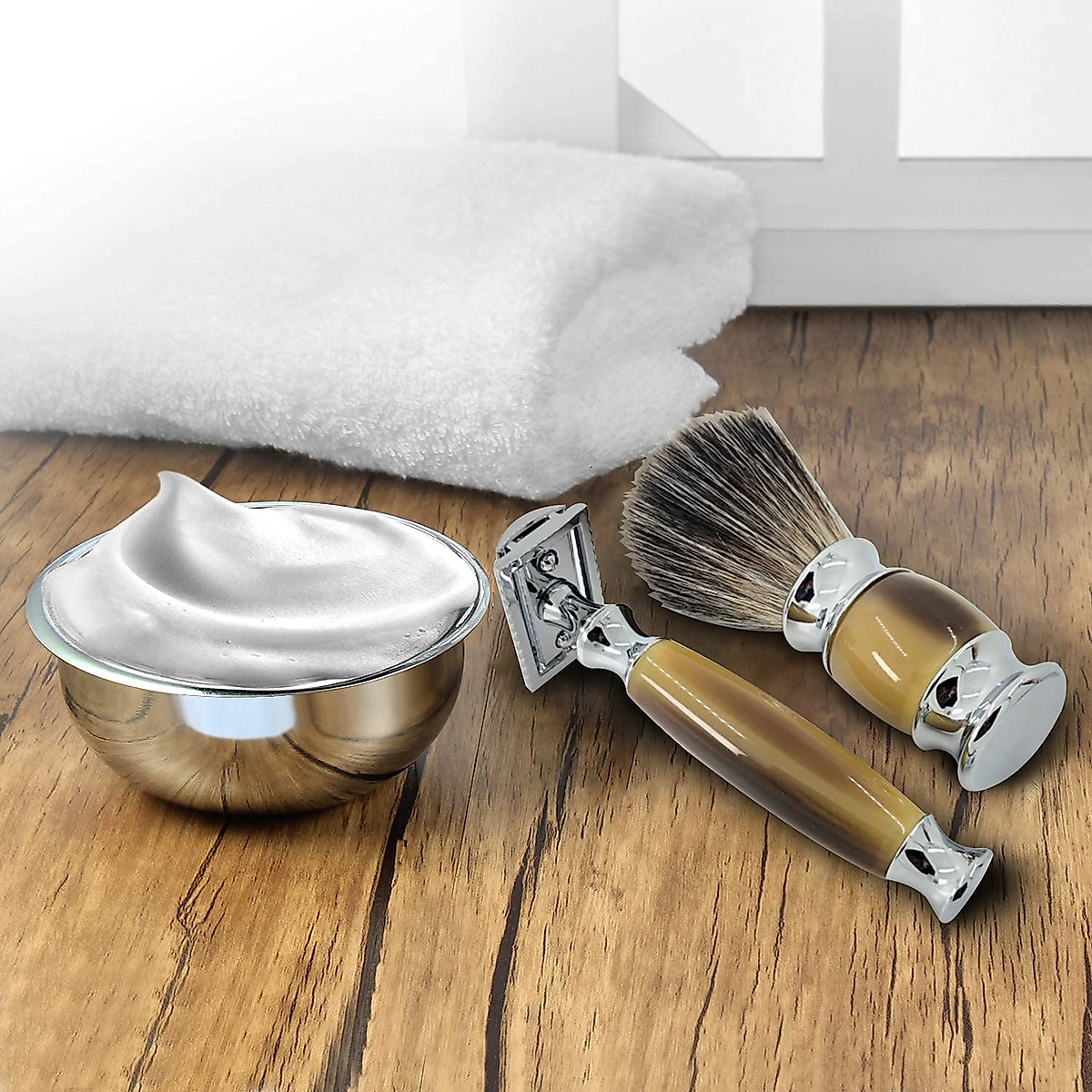 Straight Razor Shaving Kit for Men,Wet Shaving Brush and Bowl Set,Luxury Father's Day Gifts Set Includes Shave Brush,Soap,Stainless Steel Bowl,Shaving Stand,Double Edge Safety Razor with 10 Blades