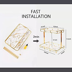 DalimFun 2-Tier Bathroom Organizer Countertop Marbling Tempered Glass, Detachable Vanity Tray Makeup Cosmetics Perfume Counter Organizer Storage Shelves Gold Shelf