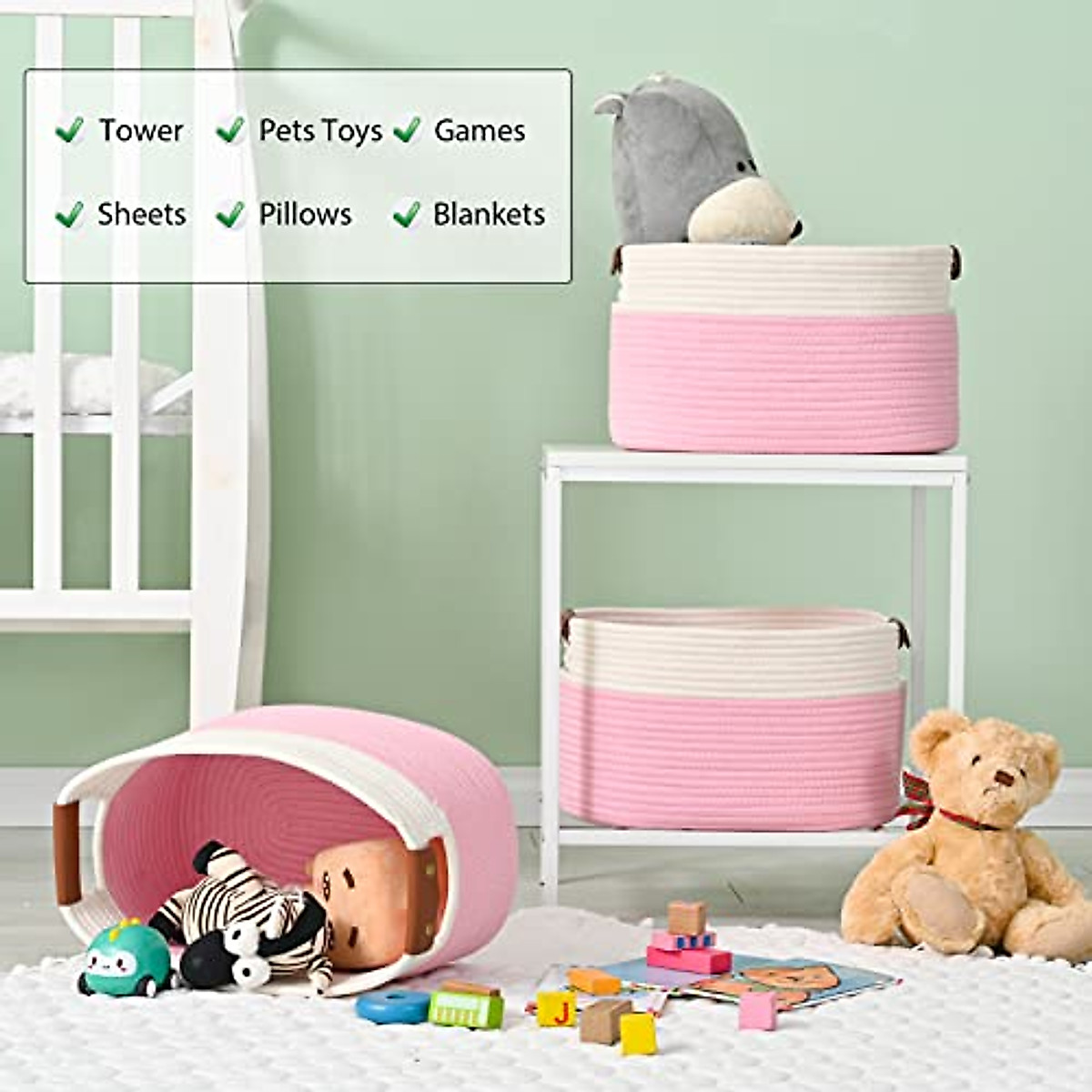 ECDYQXVU 1 Pack Cotton Rope Storage Baskets,15x10x9in,Collapsible Storage Bins, Decorative Woven Basket Cube Storage Organizer for Laundry, Towel, Clothes, Cosmetics, Books(White/Pink)