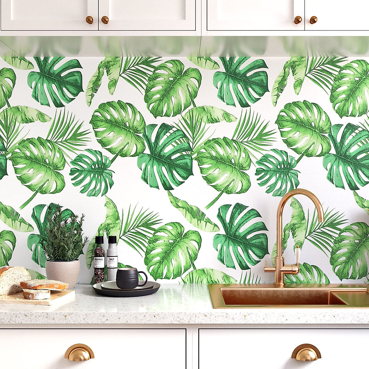 WESTICK Tropical Wallpaper Peel and Stick Modern Green Leaf Wallpapers Bathroom Waterproof Botanical Wall Paper Jungle Wallpaper Tropical Green Contact Paper for Cabinets Removable Vinyl 17.7" x 118"