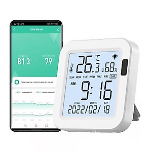 Smart Temperature and Humidity Monitor,WiFi Thermometer Hygrometer with App Control,Large LCD Display,Backlight,Compatible with Alexa,Notification Alerts,Remote Monitor for Greenhouse