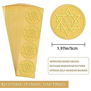 CRASPIRE 2 Inch Gold Embossed Envelope Seals Stickers Star of David 100pcs Embossed Foil Seals Adhesive Gold Foil Seals Stickers Label for Wedding Invitations Gift Packaging