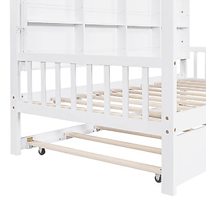 Merax Wood Twin Montessori Daybed with Trundle and Book Shelf, Low Sofa Day Bed for Boys Girls,No Box Spring Needed White