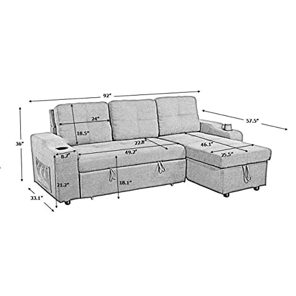 Longrune Modern Velvet Sectional Convertible with 2 Cupholders and Two Side Pockets,Reversible Pull Out Couch Storage Chaise Lounge for Living Room Apartment, Dark Gray