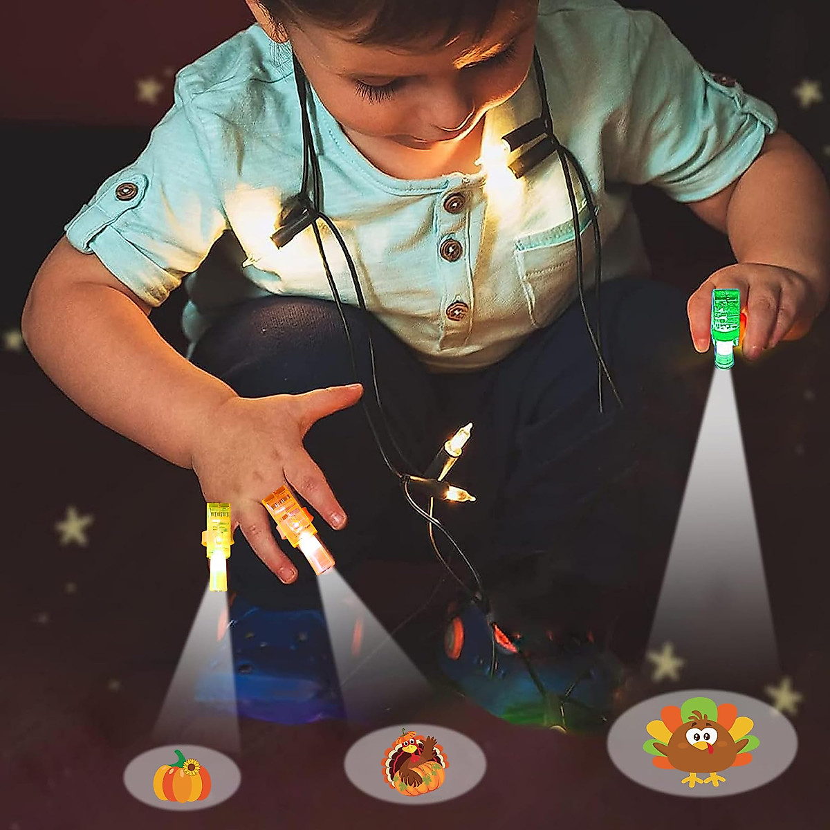 Fall Thanksgiving Party Favors, 24PCS LED Light Up Finger Lights-Turkey Pumpkin Pattern Glow in the Dark Toys Bulk for Boys Girls Harvest Class Exchange Gifts Reward Prizes Thanksgiving Party Supplies