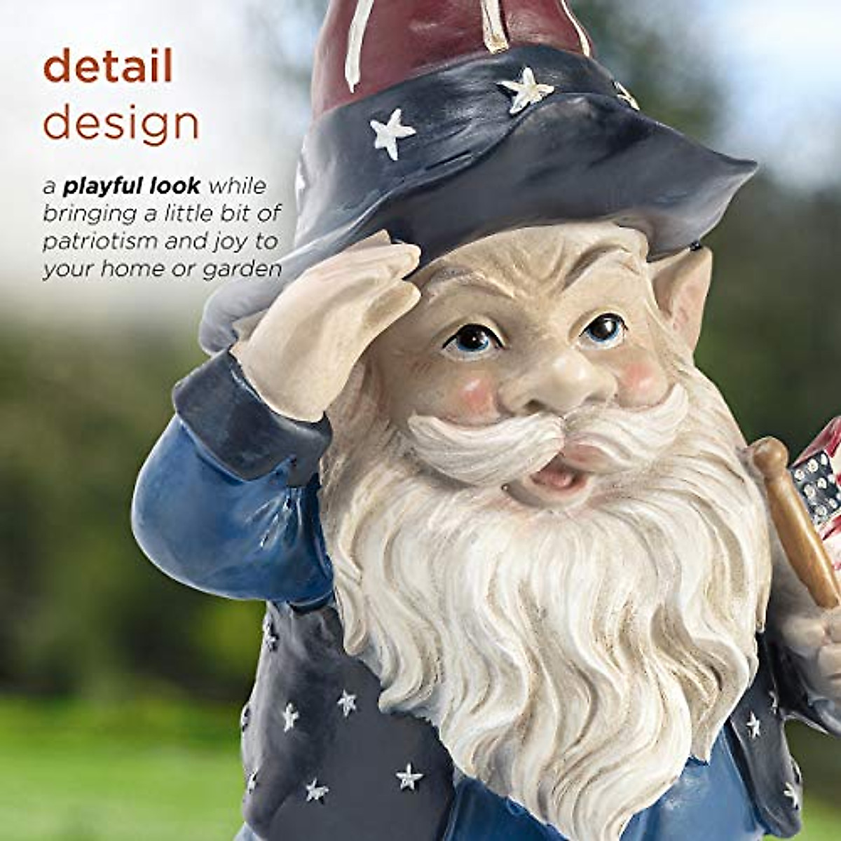 Alpine Corporation 12" Tall Outdoor Patriotic Garden Gnome Saluting Yard Statue Decoration
