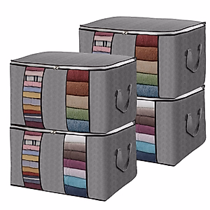 Awekris 4-Pack Clothes Organizer Bag, Large Capacity Foldable Storage Bag Comforter Storage Bags With Divide Interior, Reinforced Handle, Stainless Steel Zippers, Clear Window for Blankets, 90L Grey